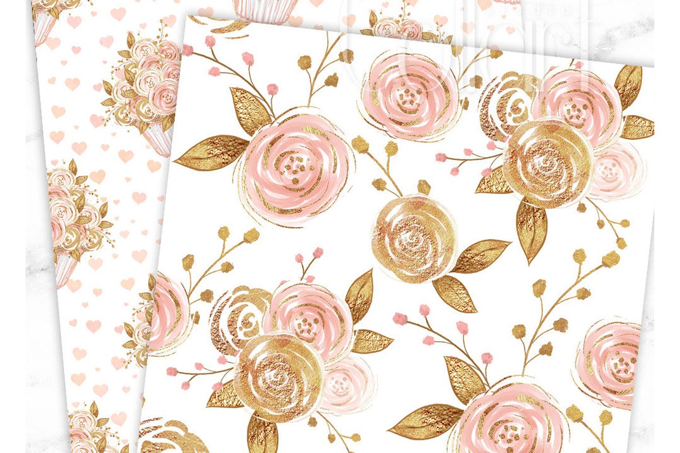 Floral Digital Paper Pack, Rose gold Flowers Planner Sticker (785325 ...