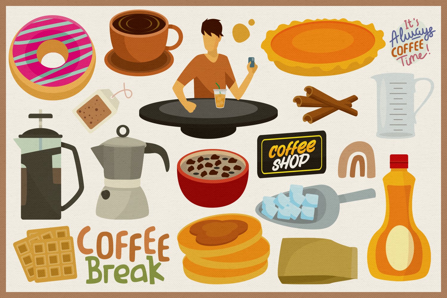 Coffee Shop Vector Clipart and Seamless Pattern