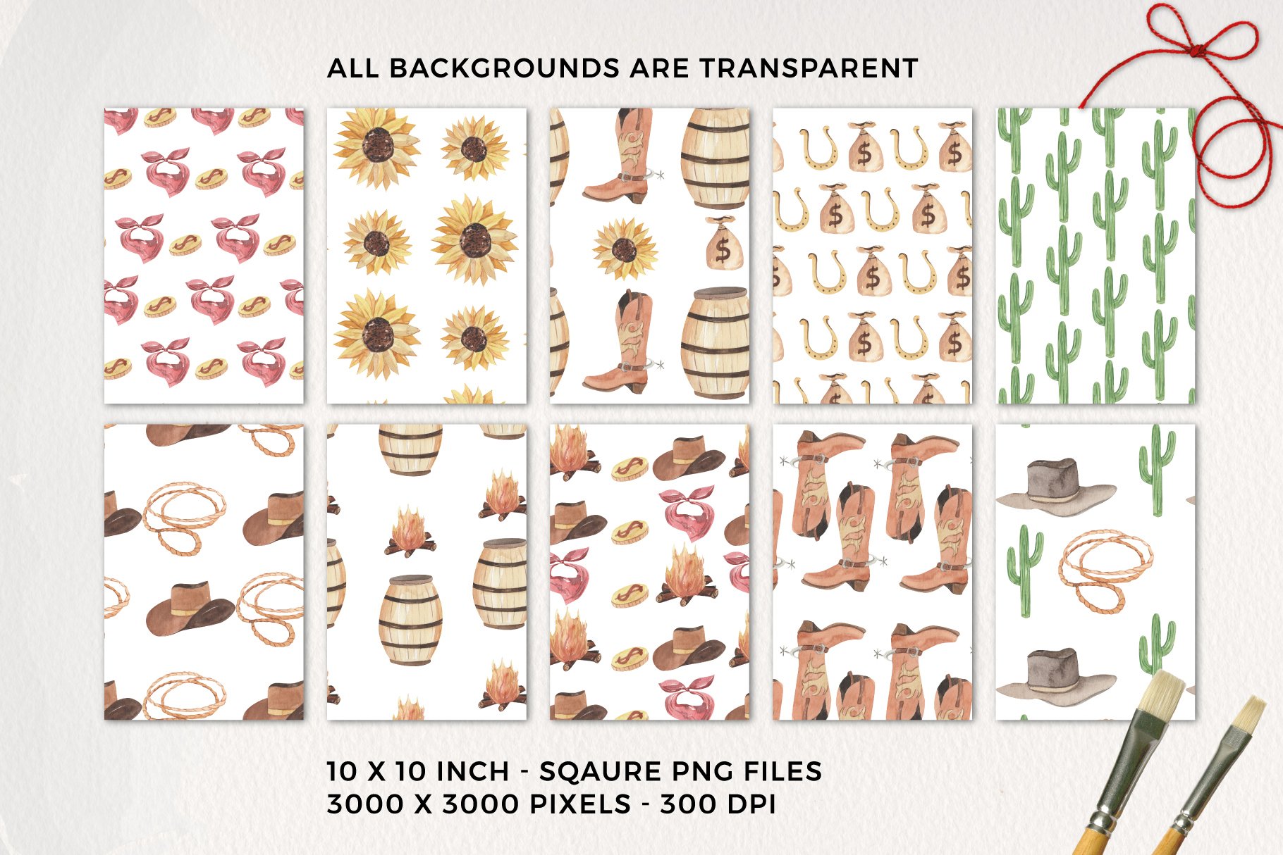 Wild West Seamless Patterns Digital Paper Watercolor Cowboy