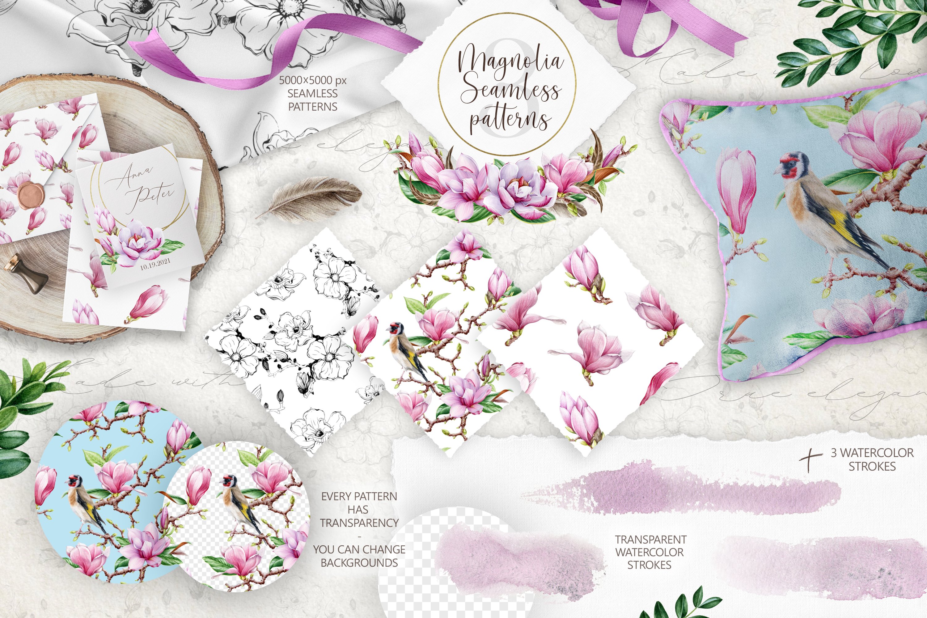 Pink Magnolia Watercolor Collection, Botanical Flower Set (753040 ...