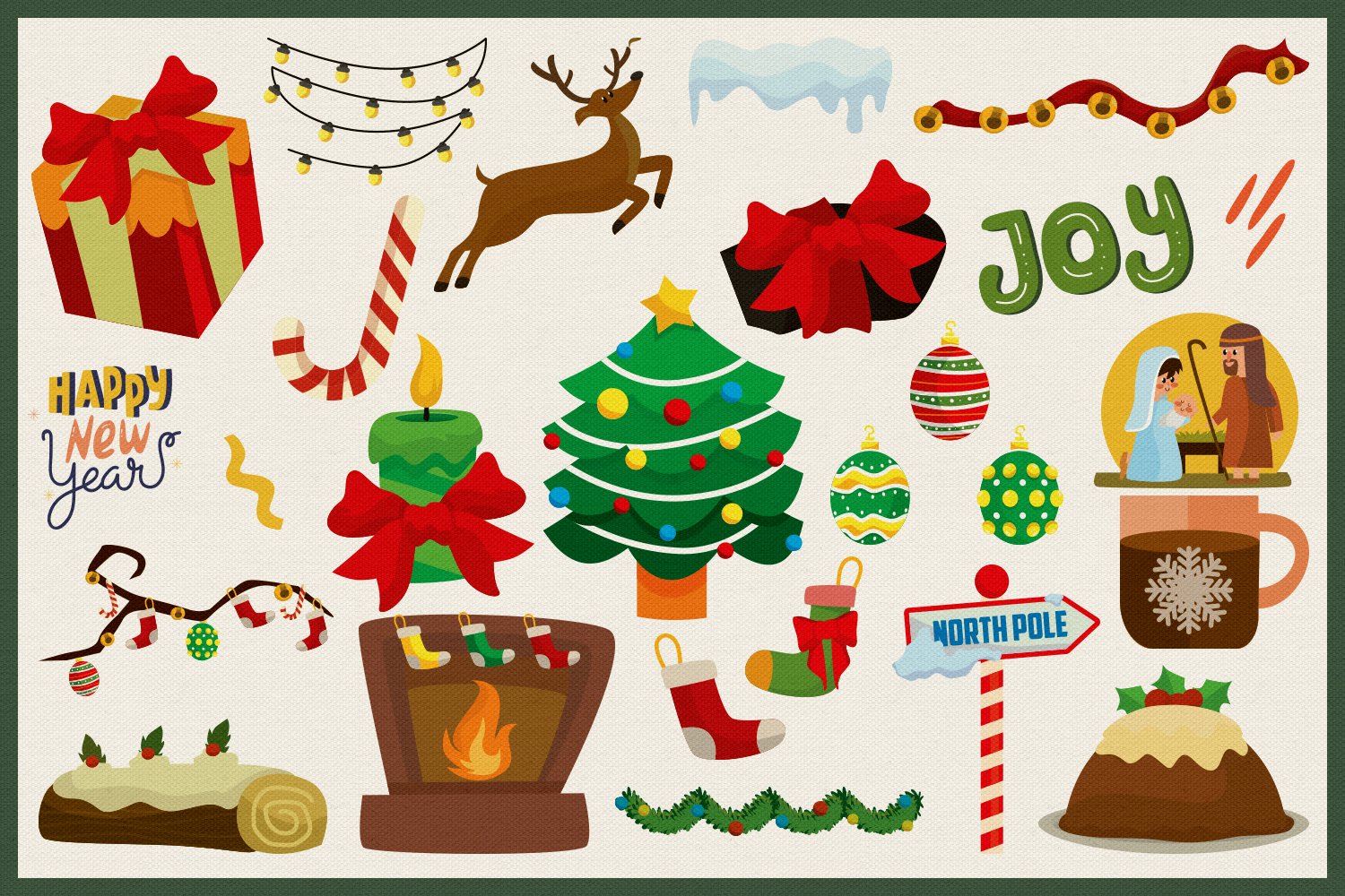 Merry Christmas Vector Clipart and Seamless Pattern