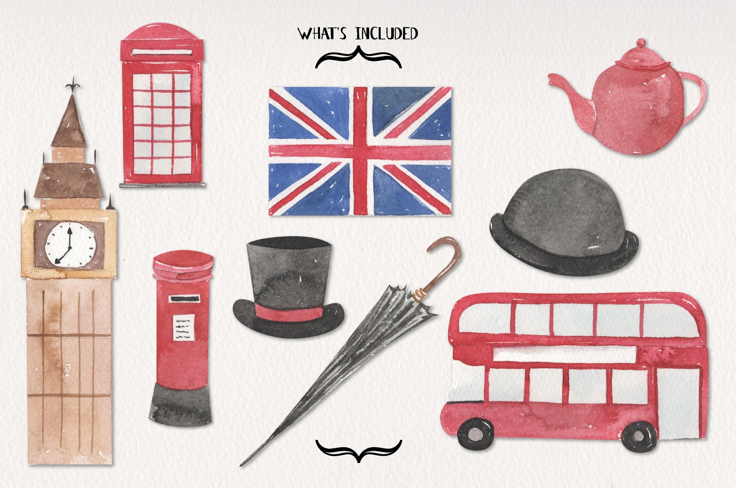 London Watercolor 9 Elements Big Ben Bus Hats Flag