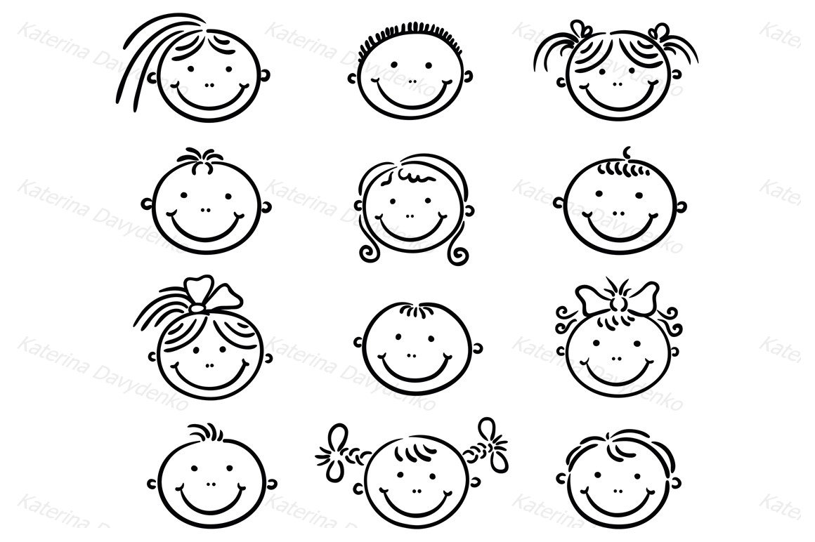 Set of happy cartoon kids faces (284766) | Illustrations | Design Bundles