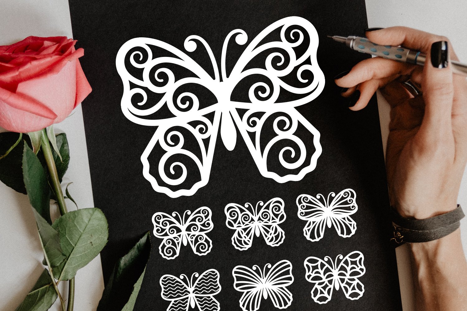 Papercut Butterfly Set with Spirals, Decorations, Thin Lines
