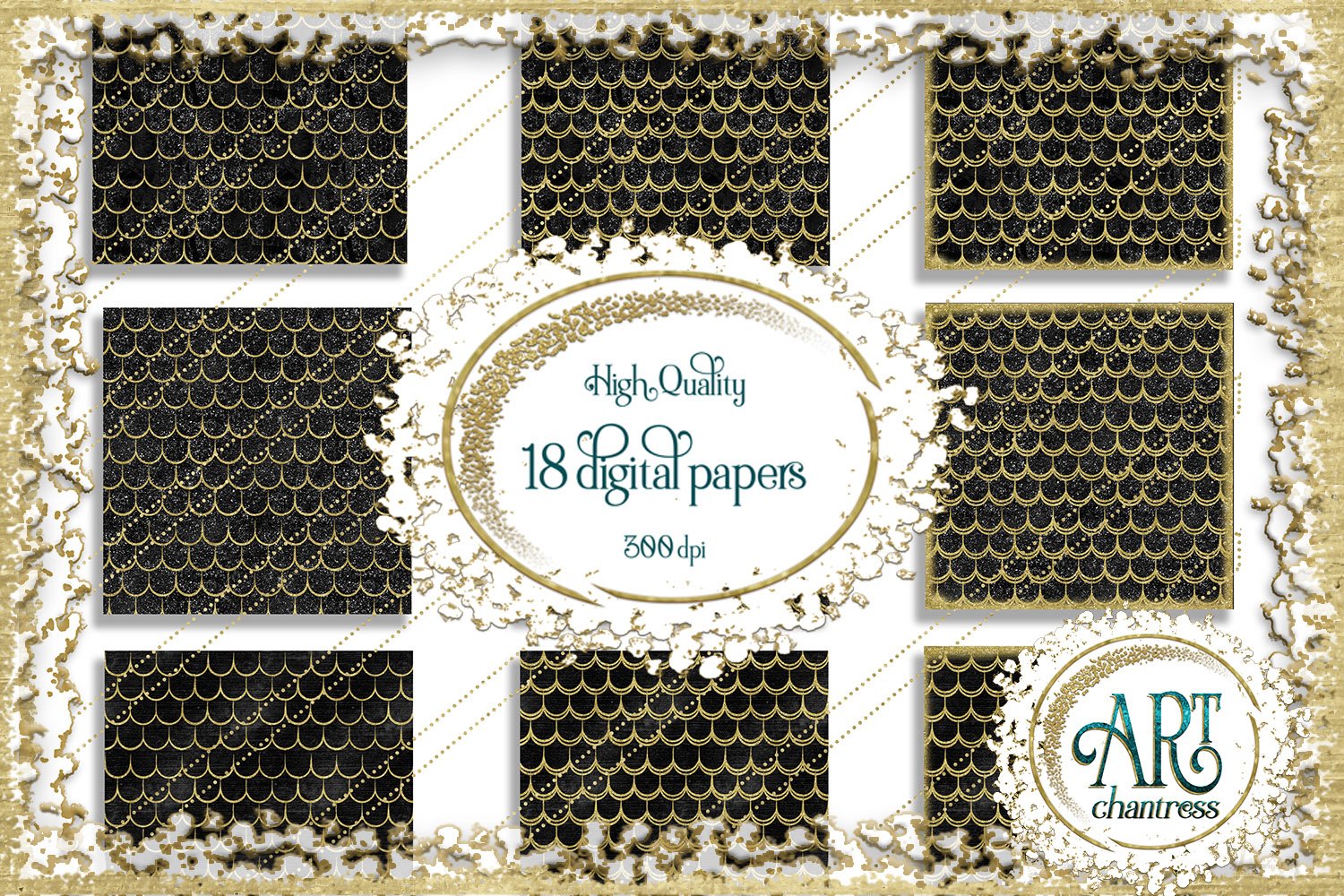 18 Digital Papers - Black and Gold Glitter - Mermaid Scale Tail Digital ...