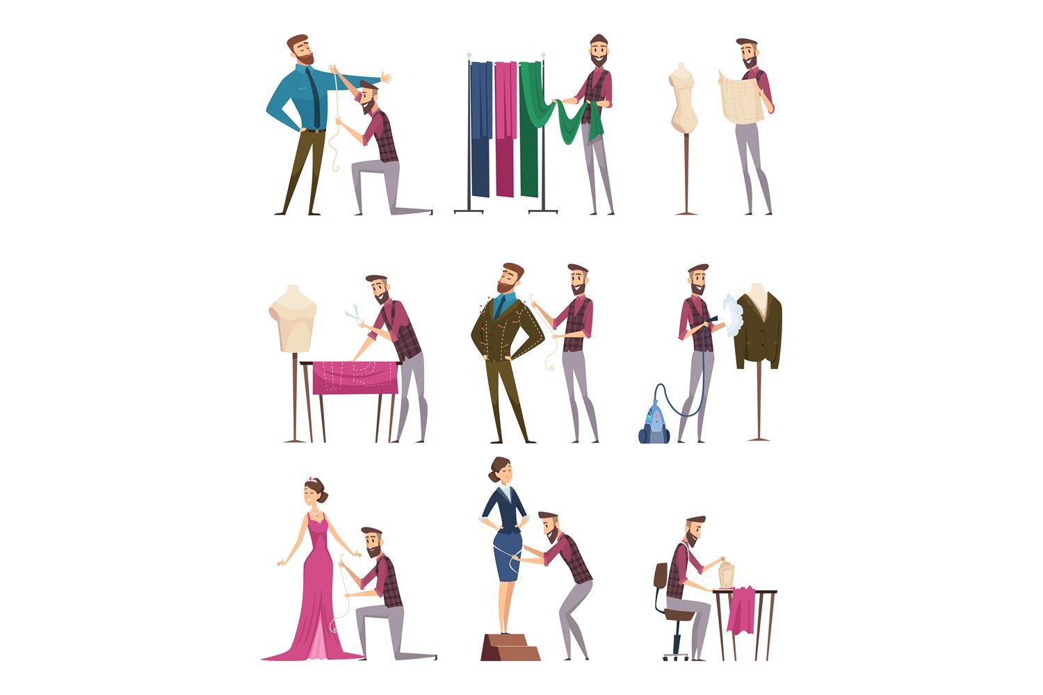 Tailor characters. Fabric sewing workings in atelie dressmak (1334282 ...