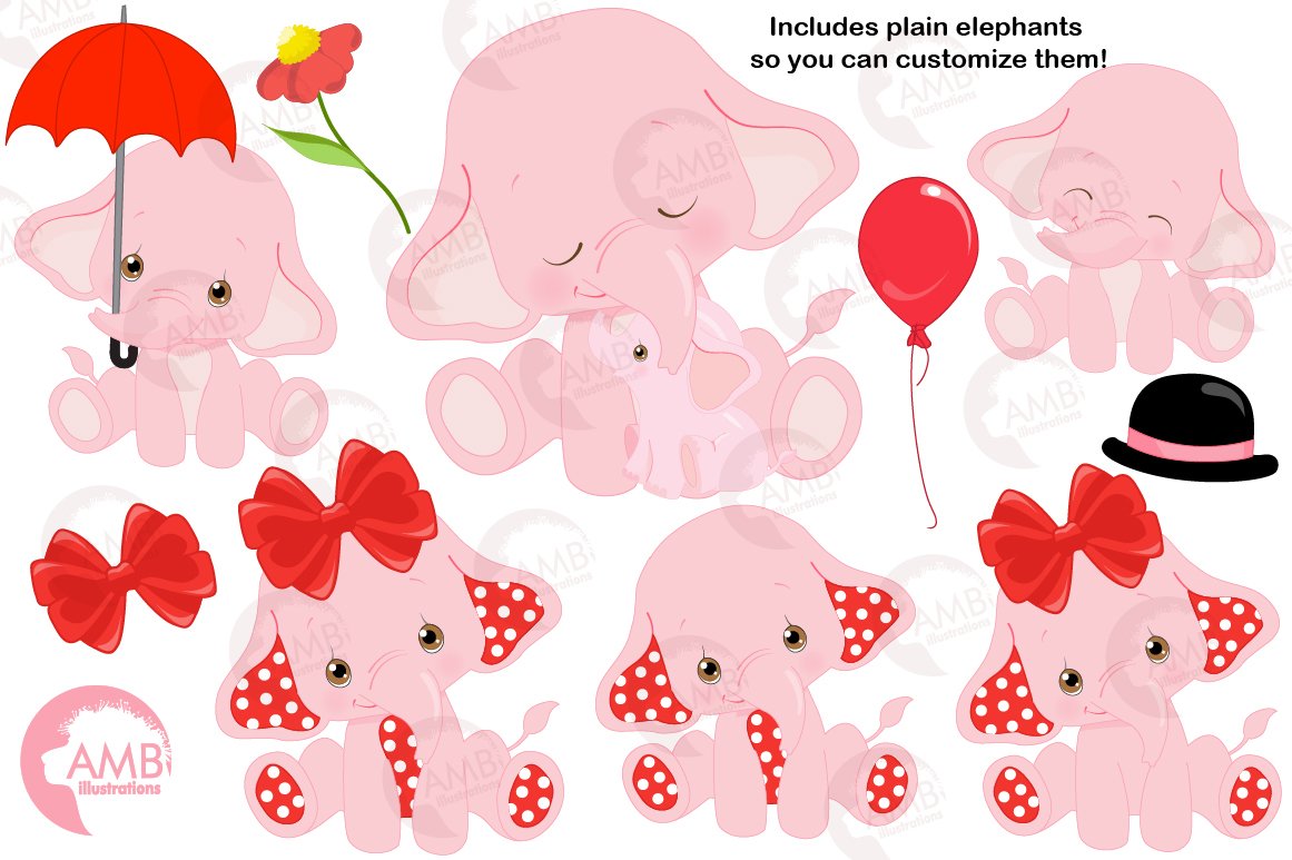 ELEPHANT babies in pink! BUNDLE! 53 cliparts, graphics and ...
