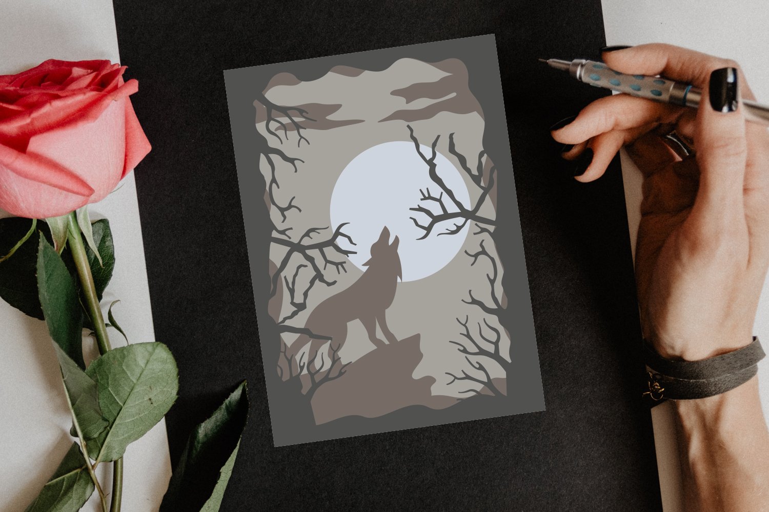 Wolf Howling Scene Layered Papercut, Shadow Box, Paper Craft