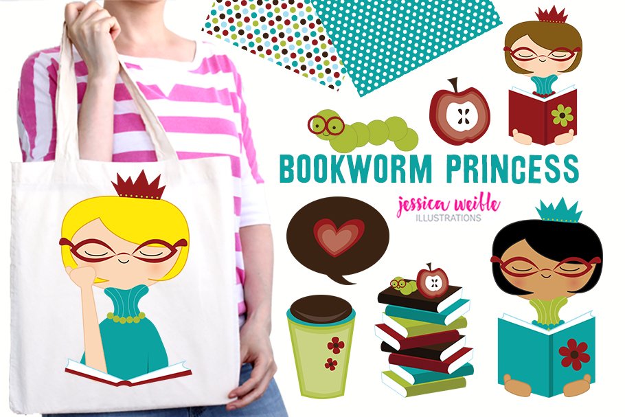 Bookworm Princess Clipart Graphics Collection (143910) | Illustrations ...