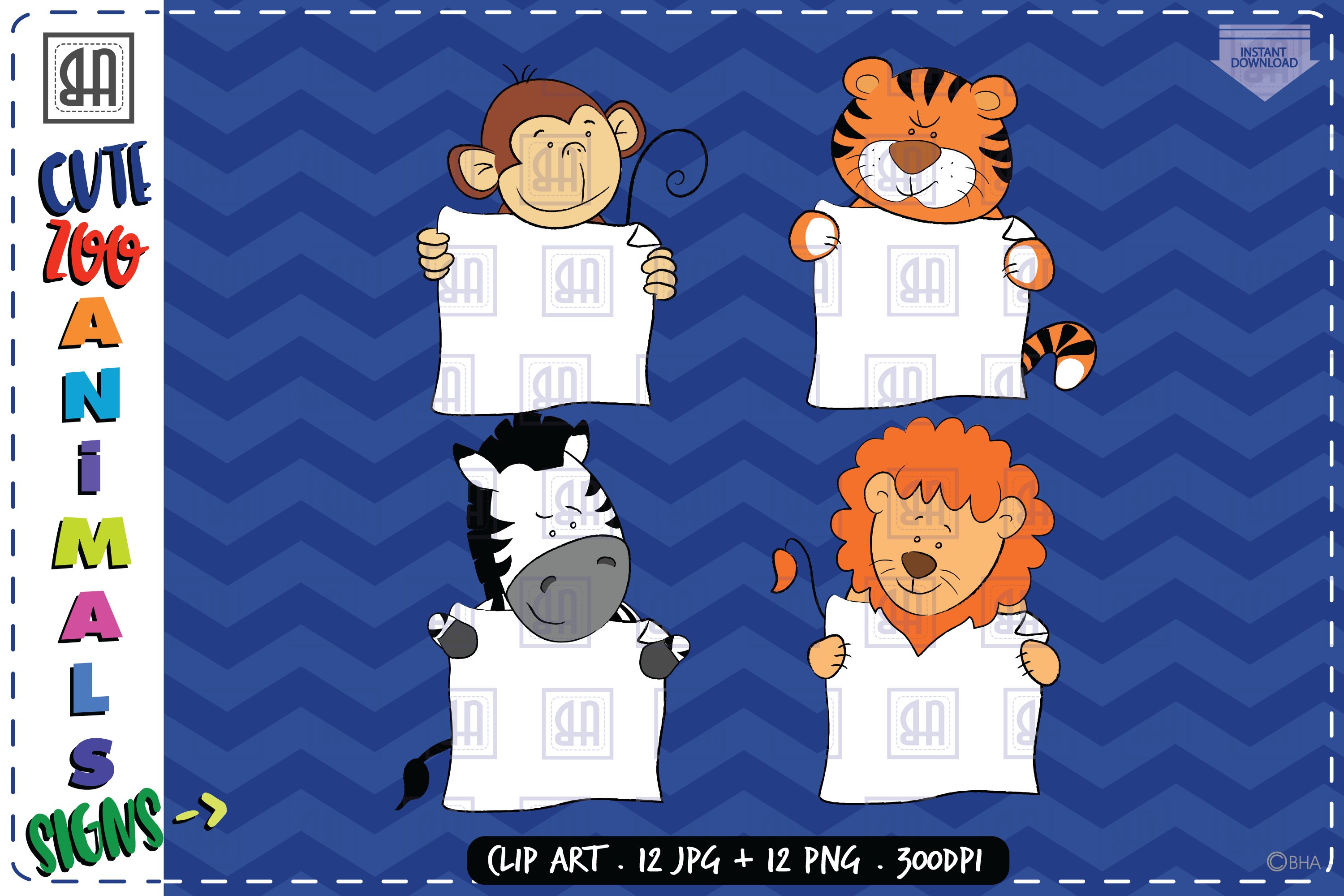 Cute Zoo Animals holding blank signs, animals bundle (184559) | Cut ...