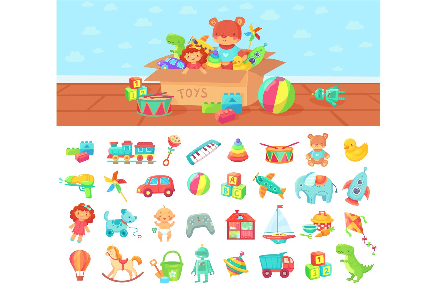 Cartoon toys. Vector set of kids play, block and doll (1019468 ...