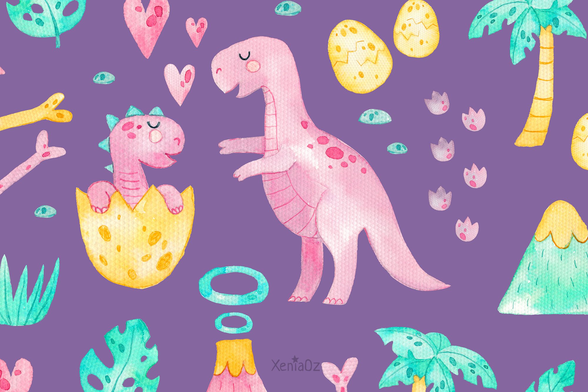 Watercolor dinosaur digital paper pack, seamless pattern (531311 ...