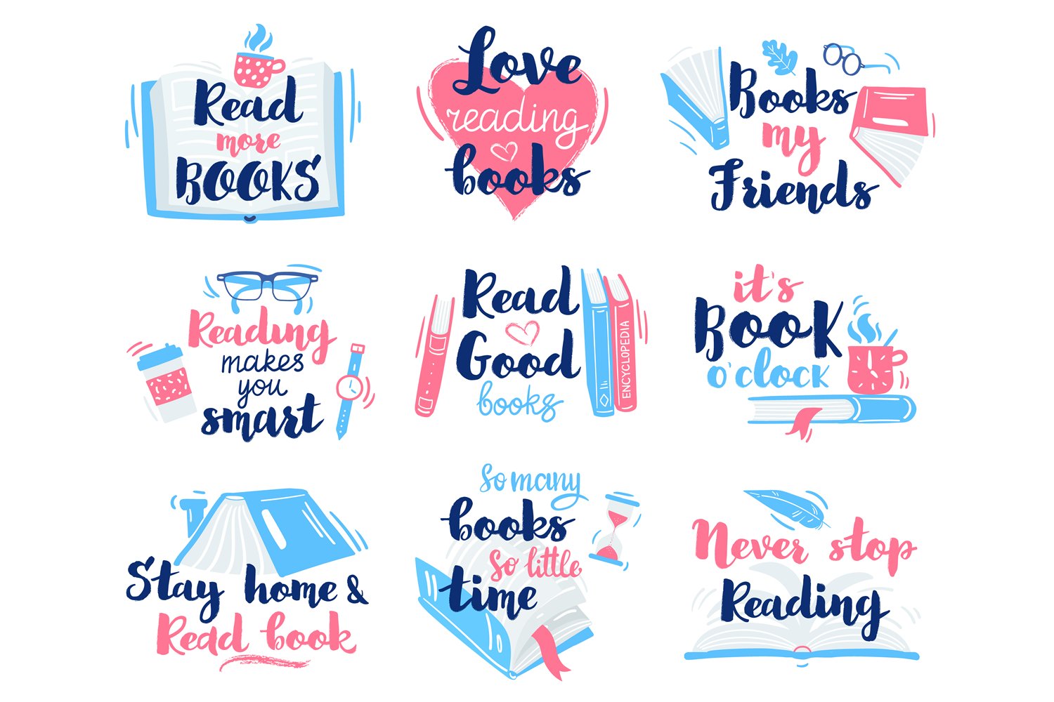 Books lettering quotes. Reading hand drawn lettering