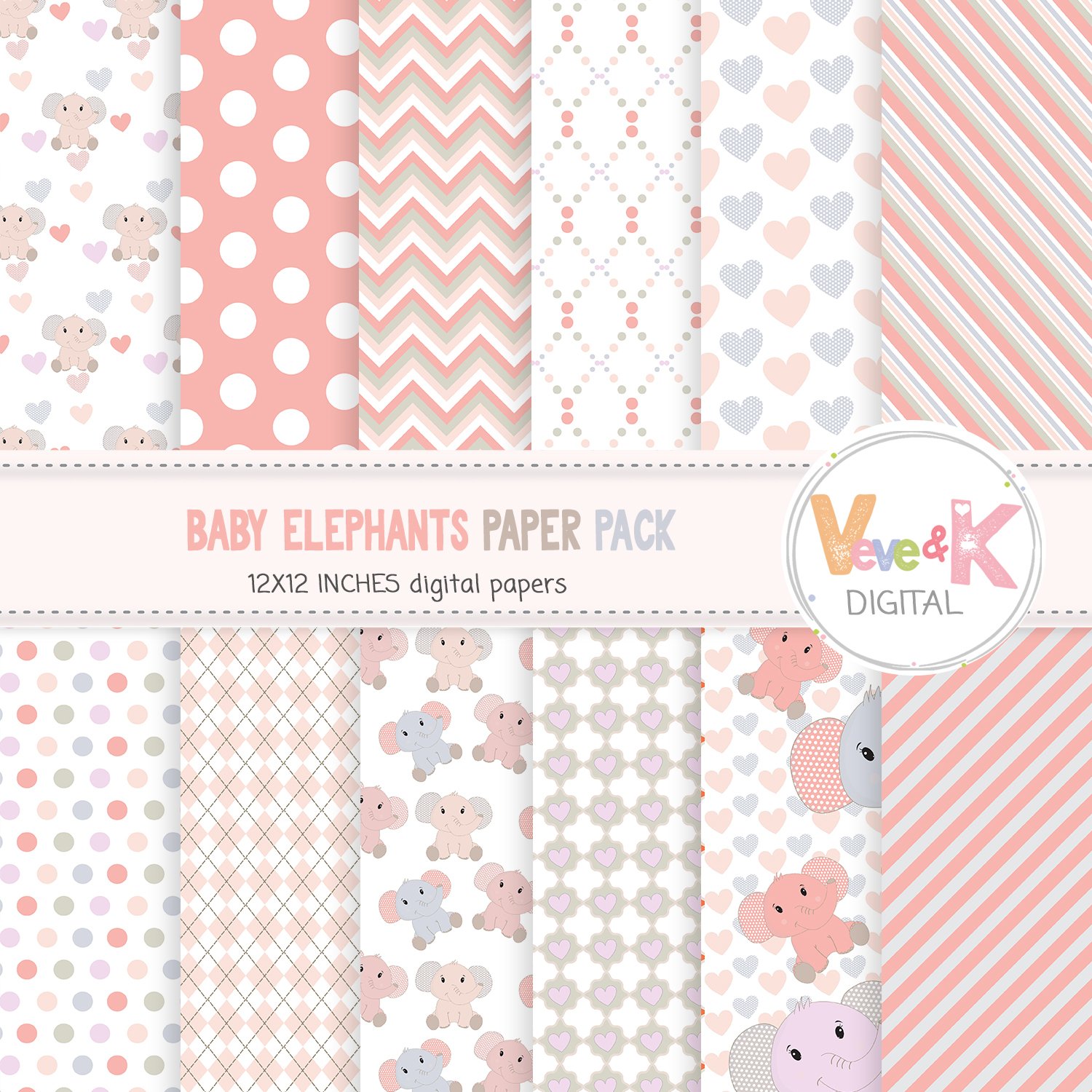 Cute Elephants Digital Paper, Elephant Digital Paper, Elephant Baby ...