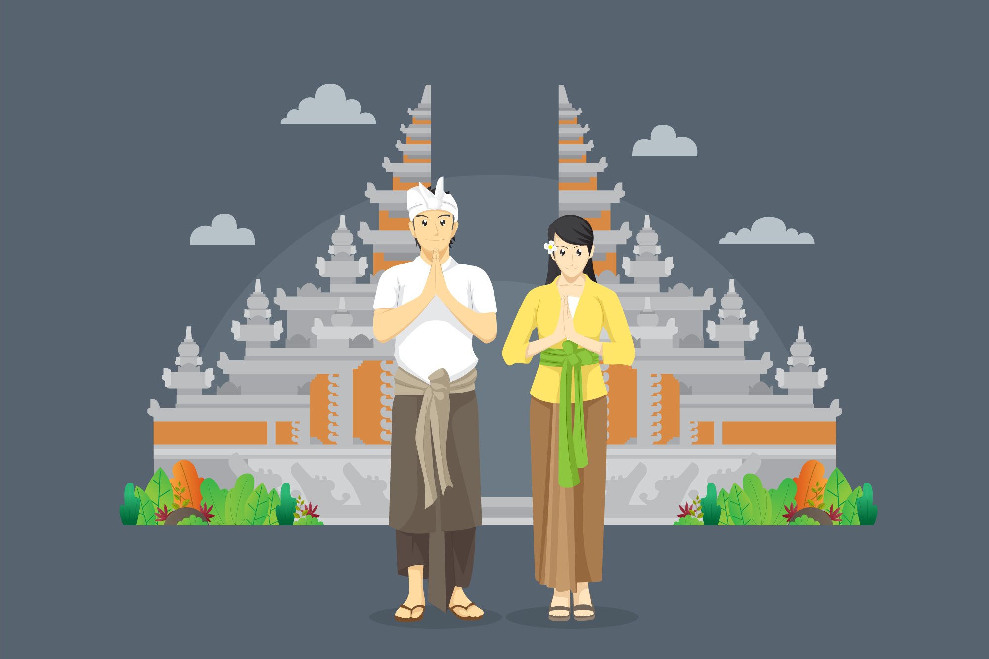 balinese couple namaste greetings in front of gate (659550 ...