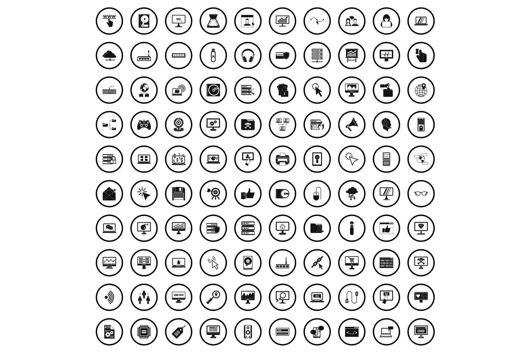 100 computer icons set in simple style
