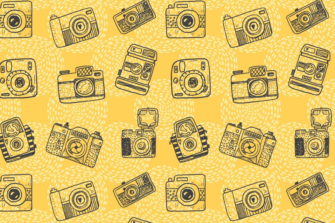 Hand drawn camera set +patterns (6437) | Decorations | Design Bundles
