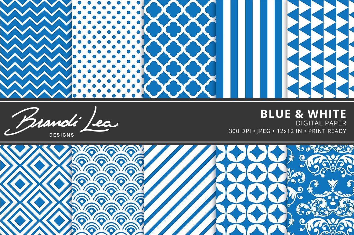 Blue & White Digital Paper Pack (26712) | Backgrounds | Design Bundles