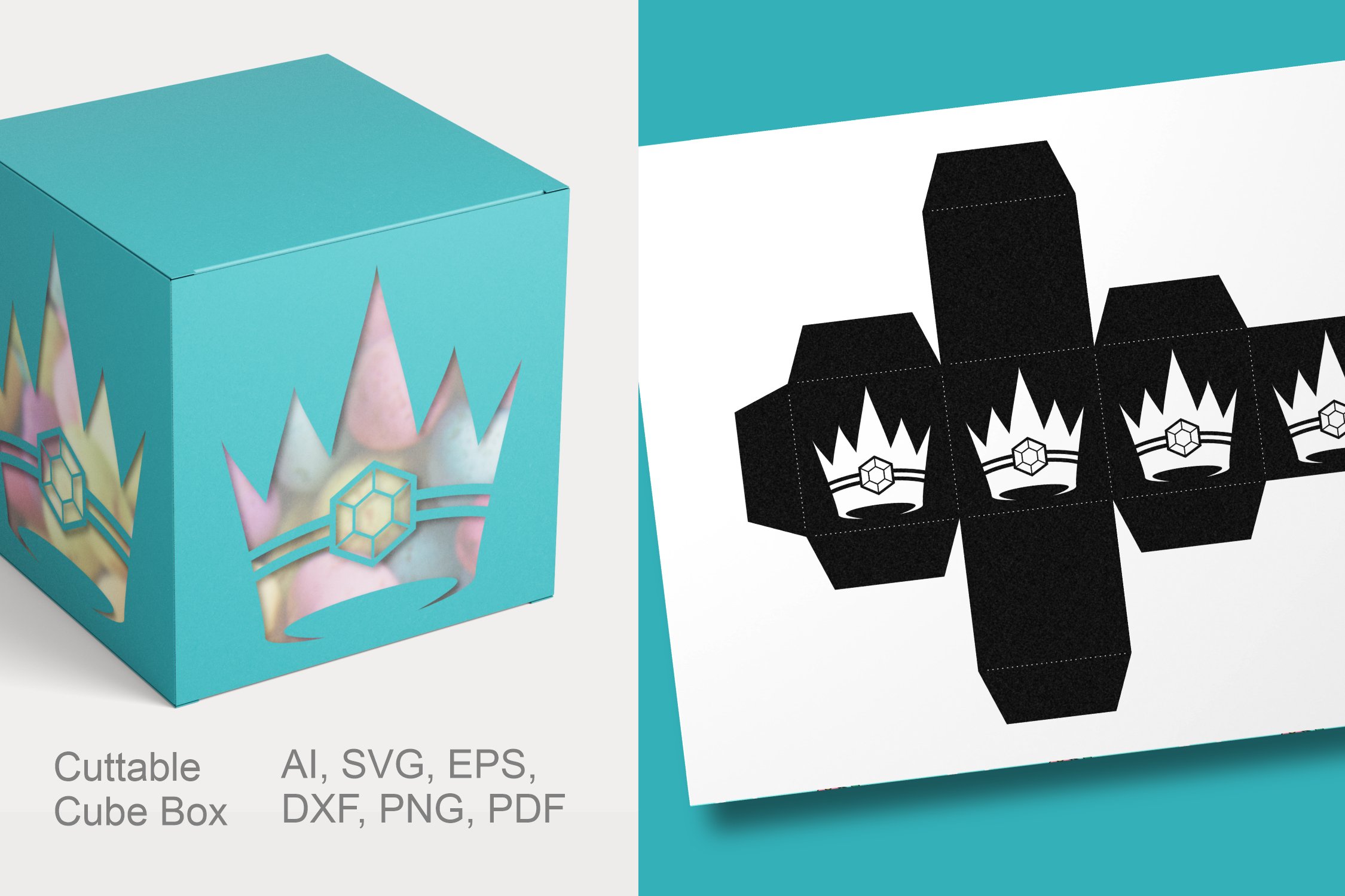 Crown with Diamond Cuttable Cube Favor Box Template SVG EPS