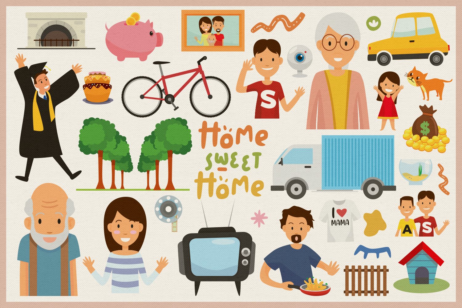 Family Life Vector Clipart and Seamless Pattern