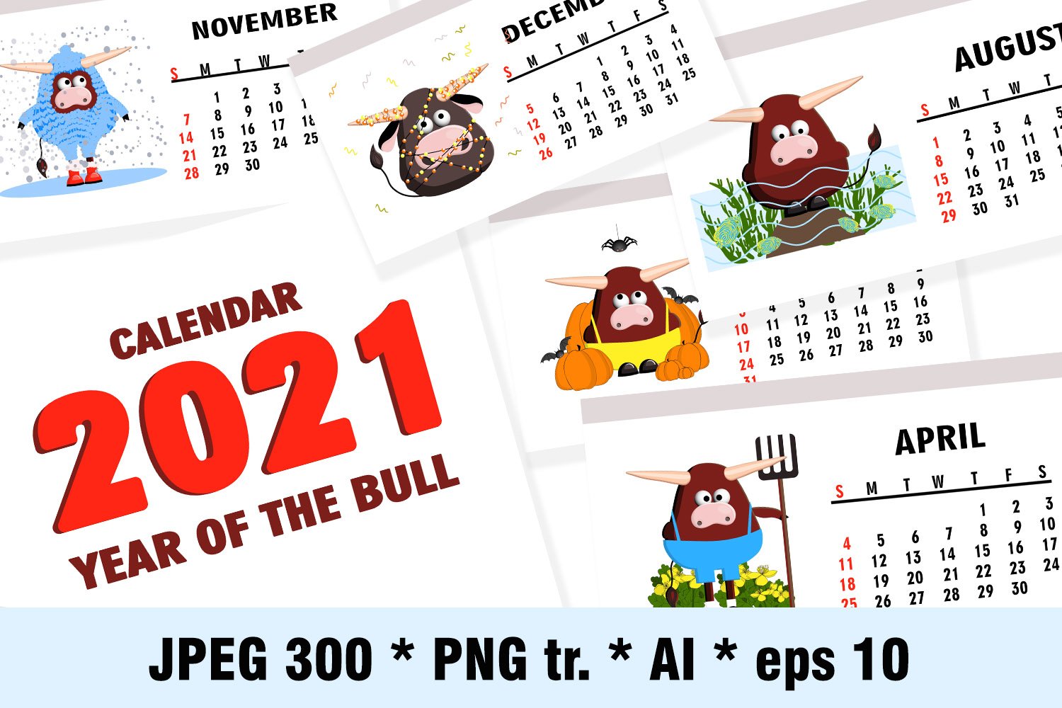 Calendar 2021, Year of the bull set. 12 cards. Just print it (674000 ...