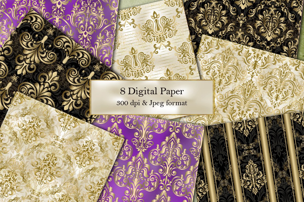 Collection of 8 seamless damask patterns. Digital Paper. (979675 ...