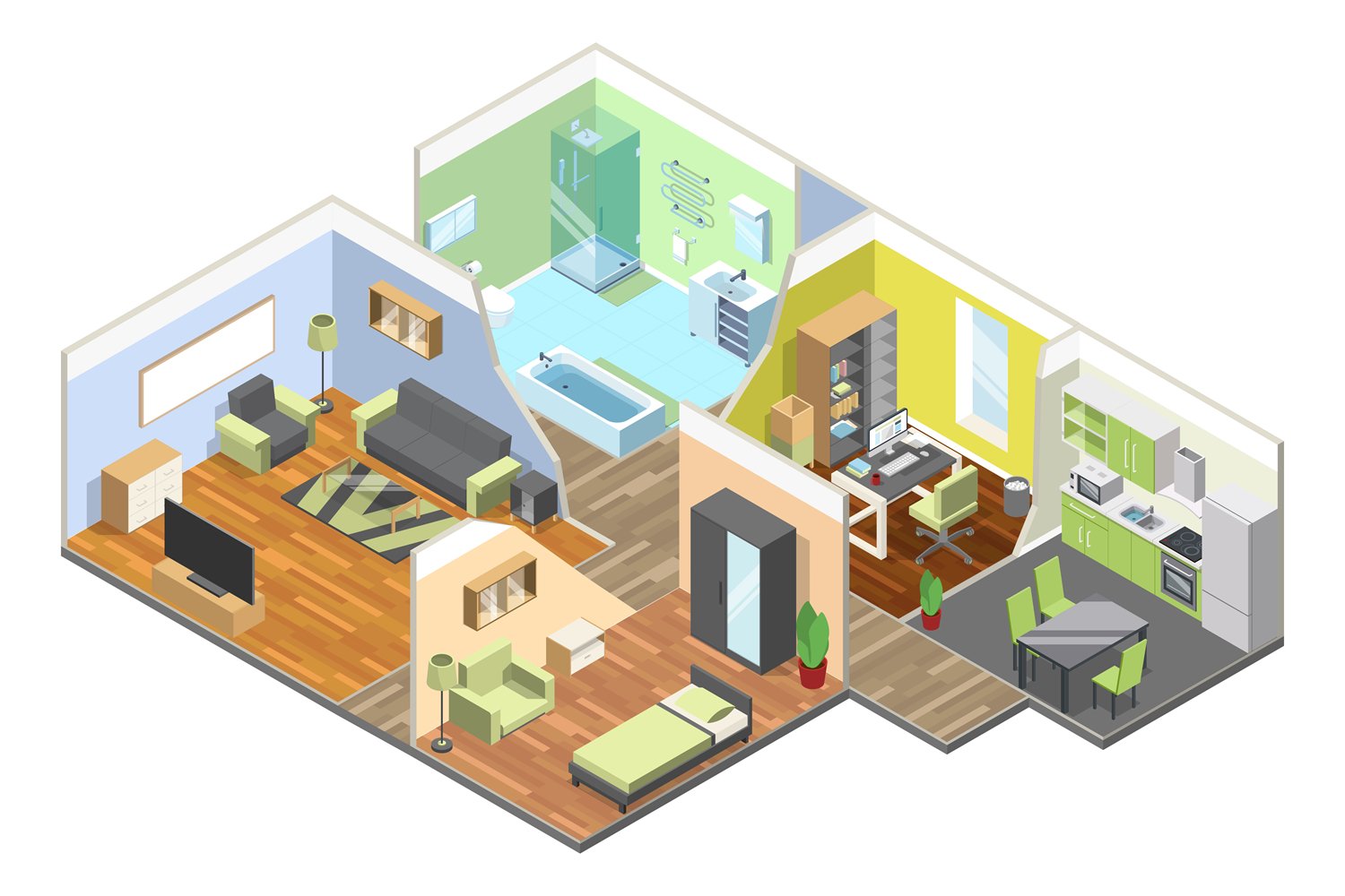 3d interior of modern house with kitchen, living room, bathr