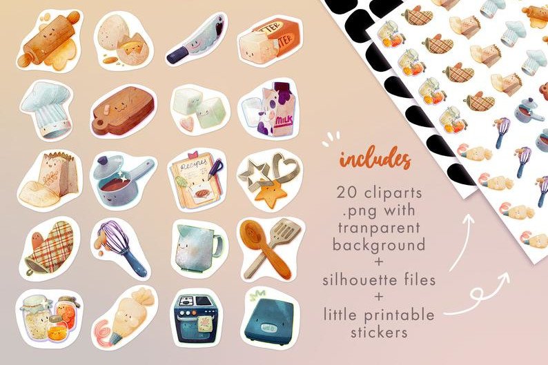 20 Digital recipe stickers, food cliparts, bakery & dessert (571341 ...
