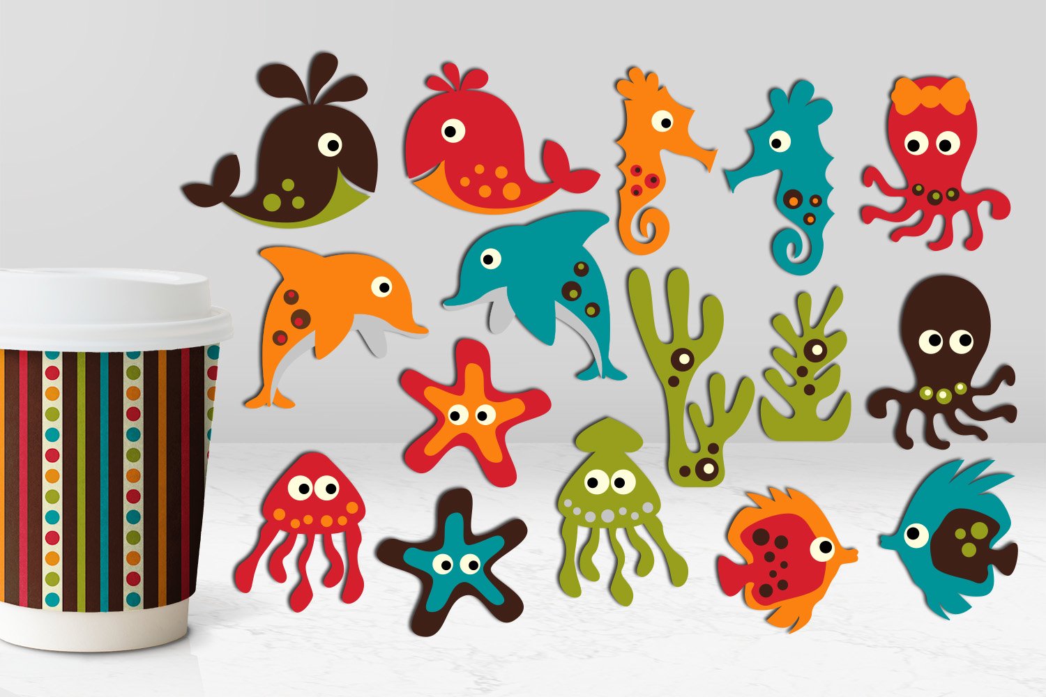 Retro sea animals design graphics (87524) | Illustrations | Design Bundles