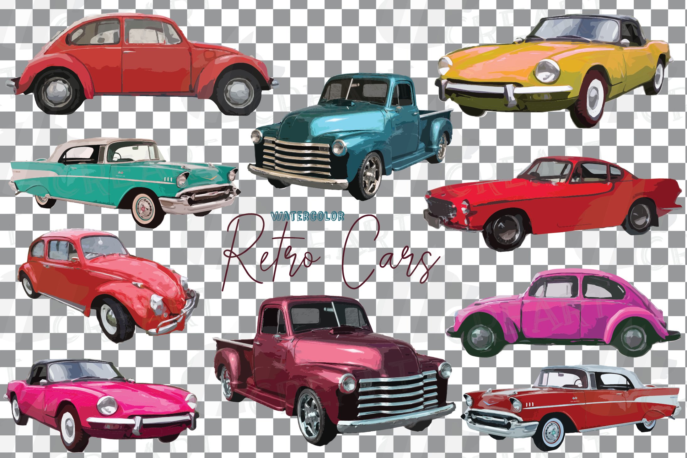 Vintage cars decor clip art. Watercolor classic cars nursery (369047 ...