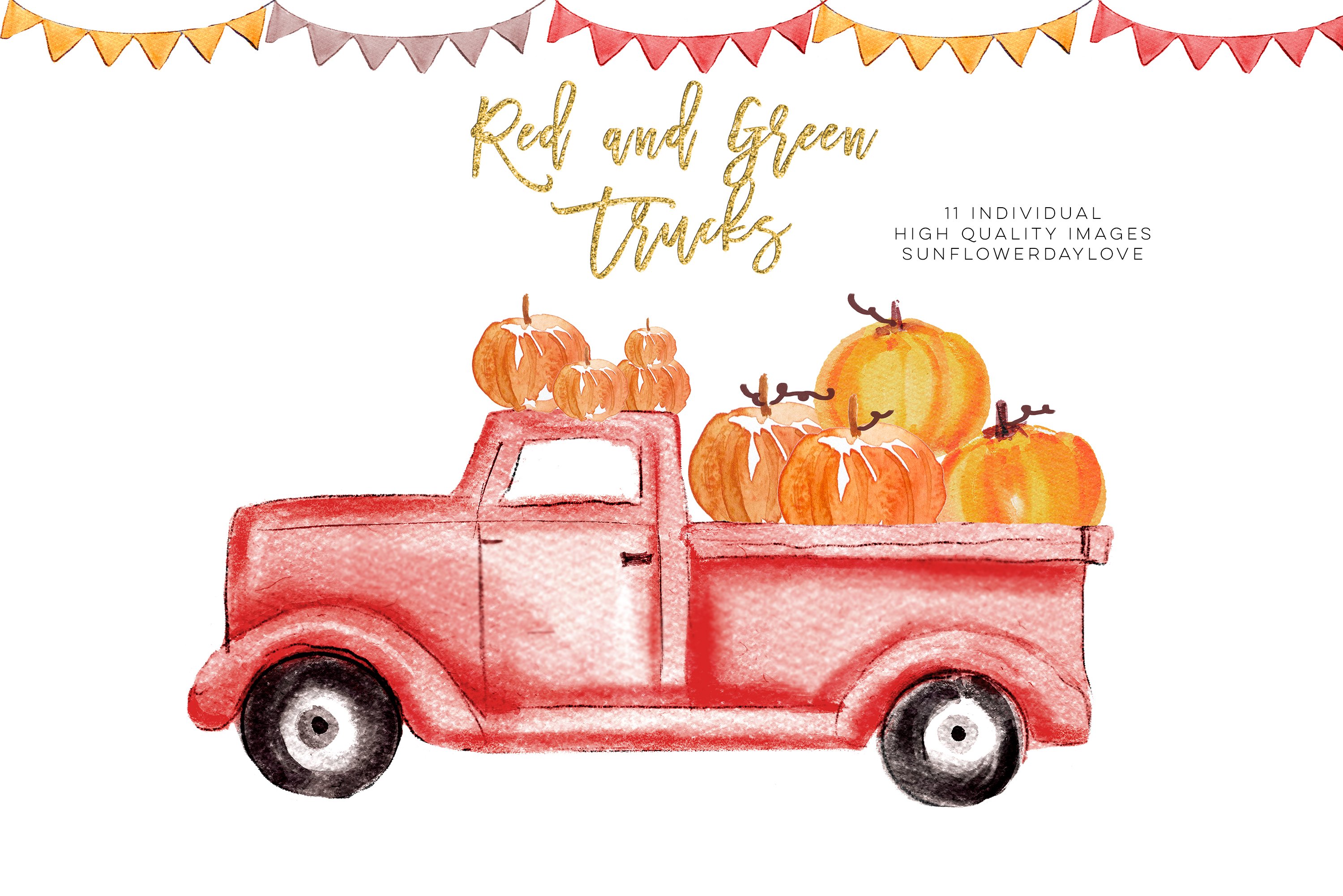 Pumpkin truck clipart, Watercolor Red Truck Pumpkins (347099 ...