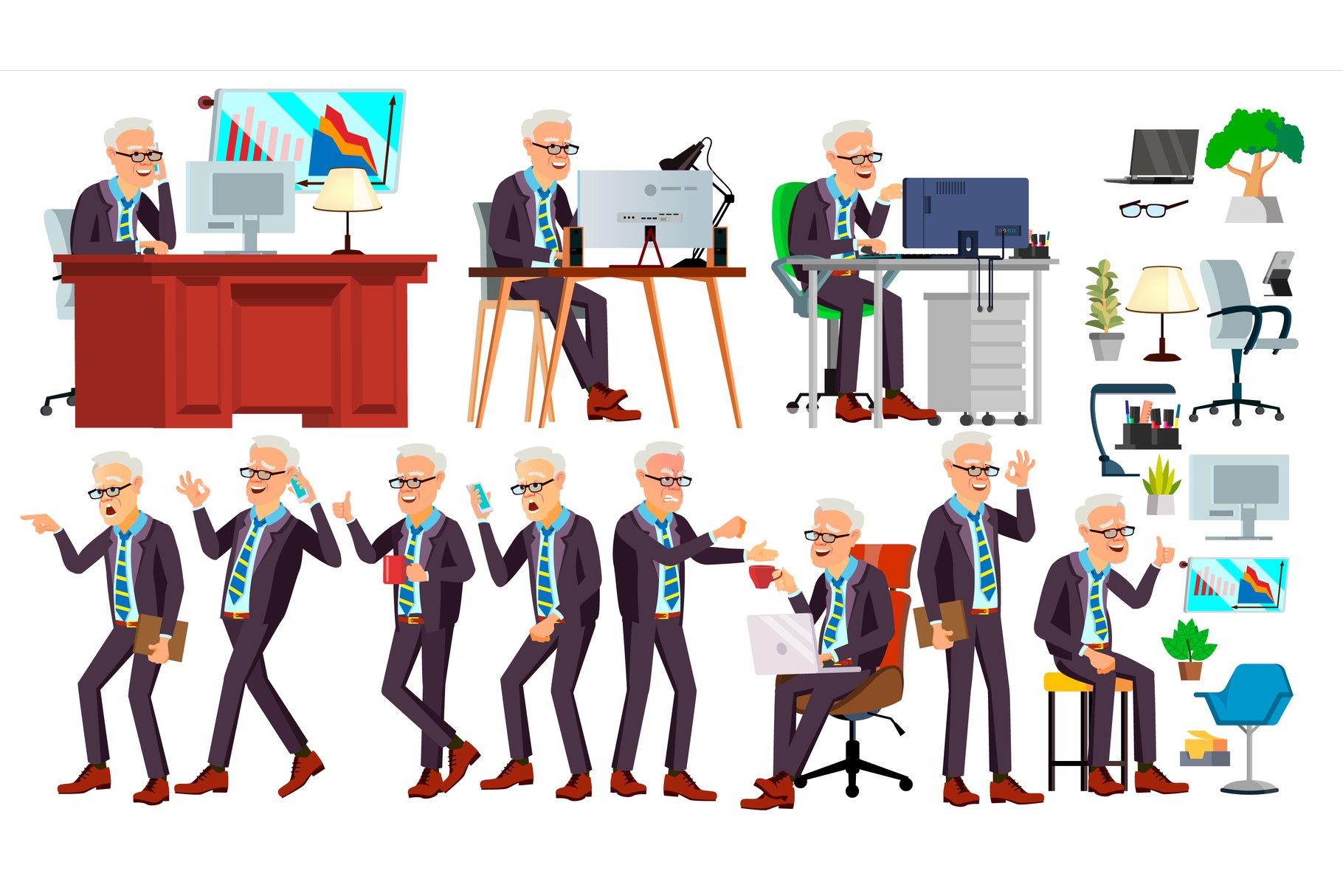 Old Office Worker Vector. Face Emotions (706440) | Illustrations ...