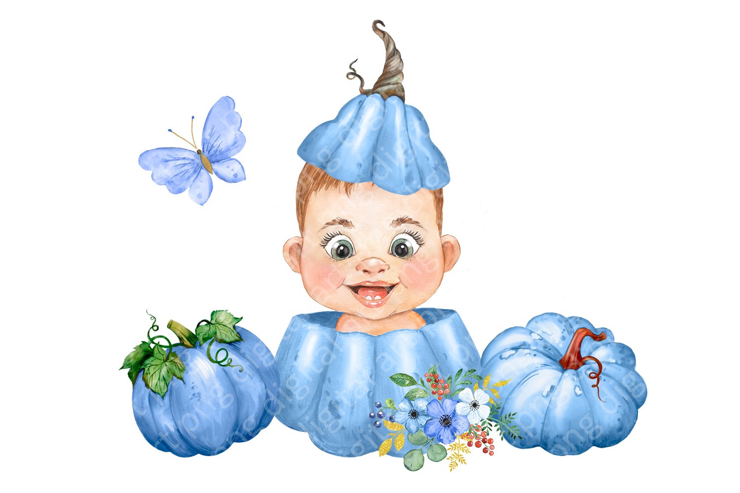Blue pumpkin watercolor clipart. Little boy. Baby shower (893438 ...
