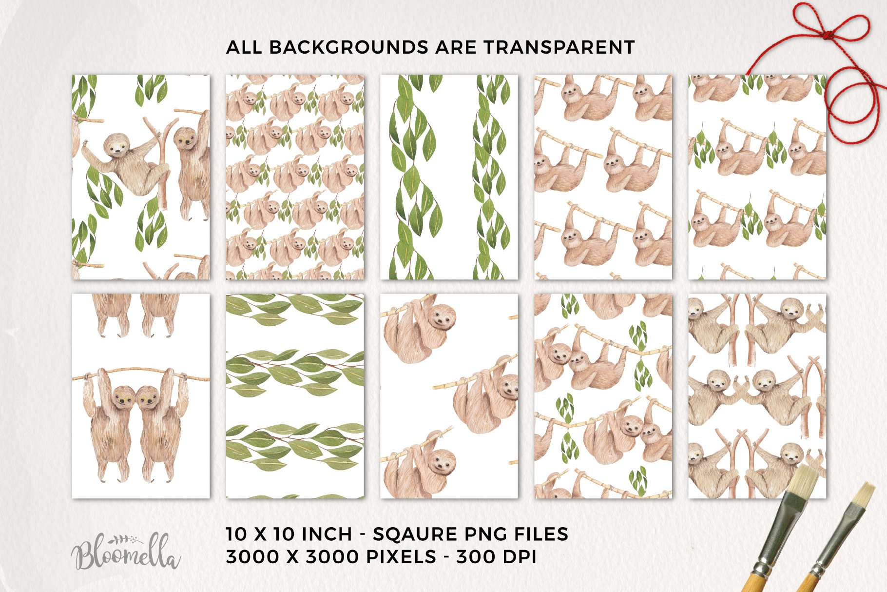 Sloth 10 Seamless Patterns Digital Paper Sloths Animal Leaf