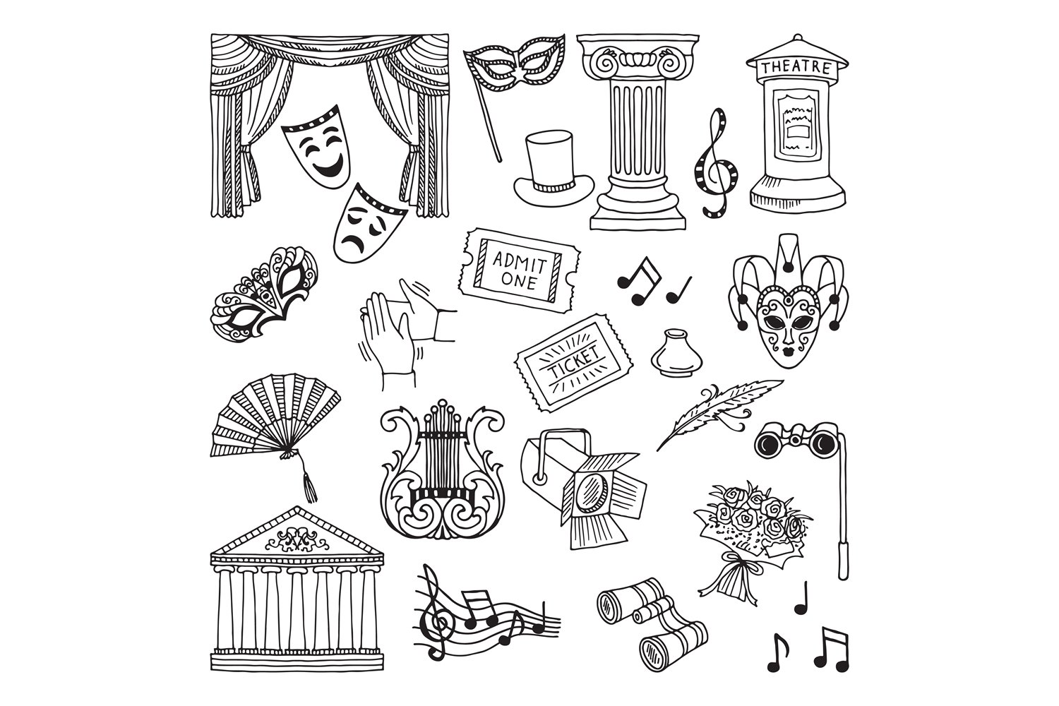 Doodle illustration set of theatre symbols. Lira, binoculars (772342 ...