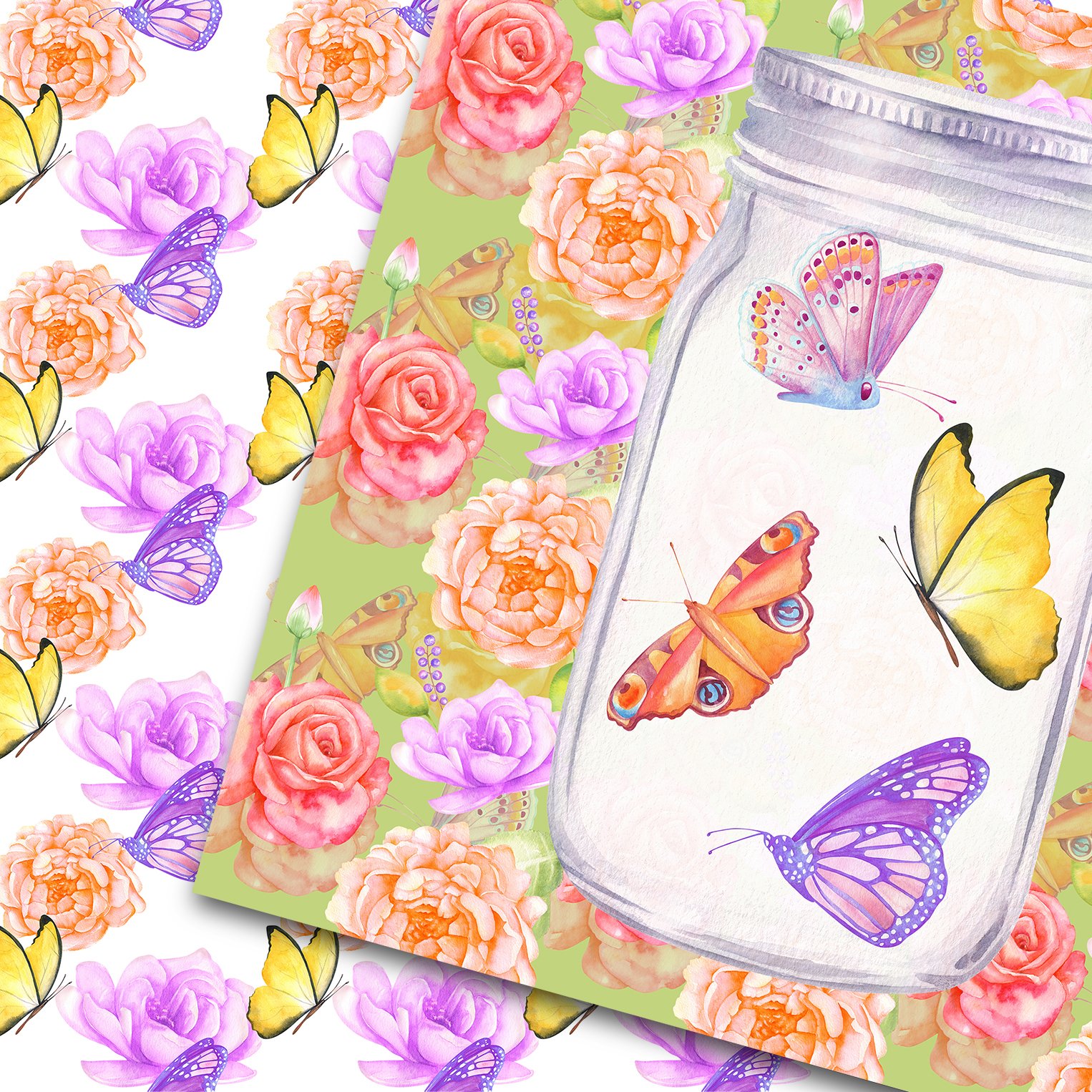 Watercolor flowers and butterflies digital paper pack (460738 ...