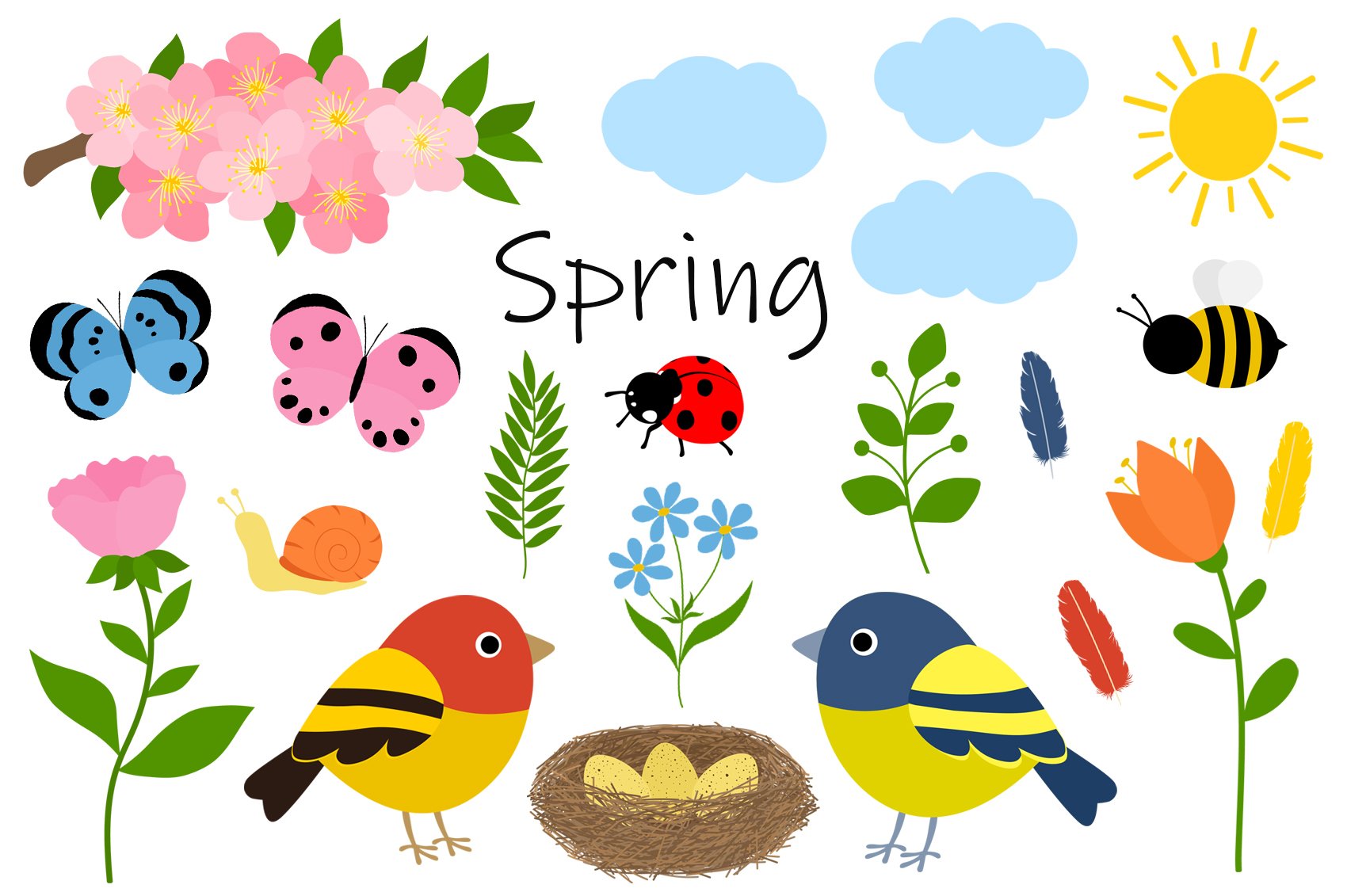 Set Spring vector. Spring flowers. Birds nest. Spring SVG (1256836 ...