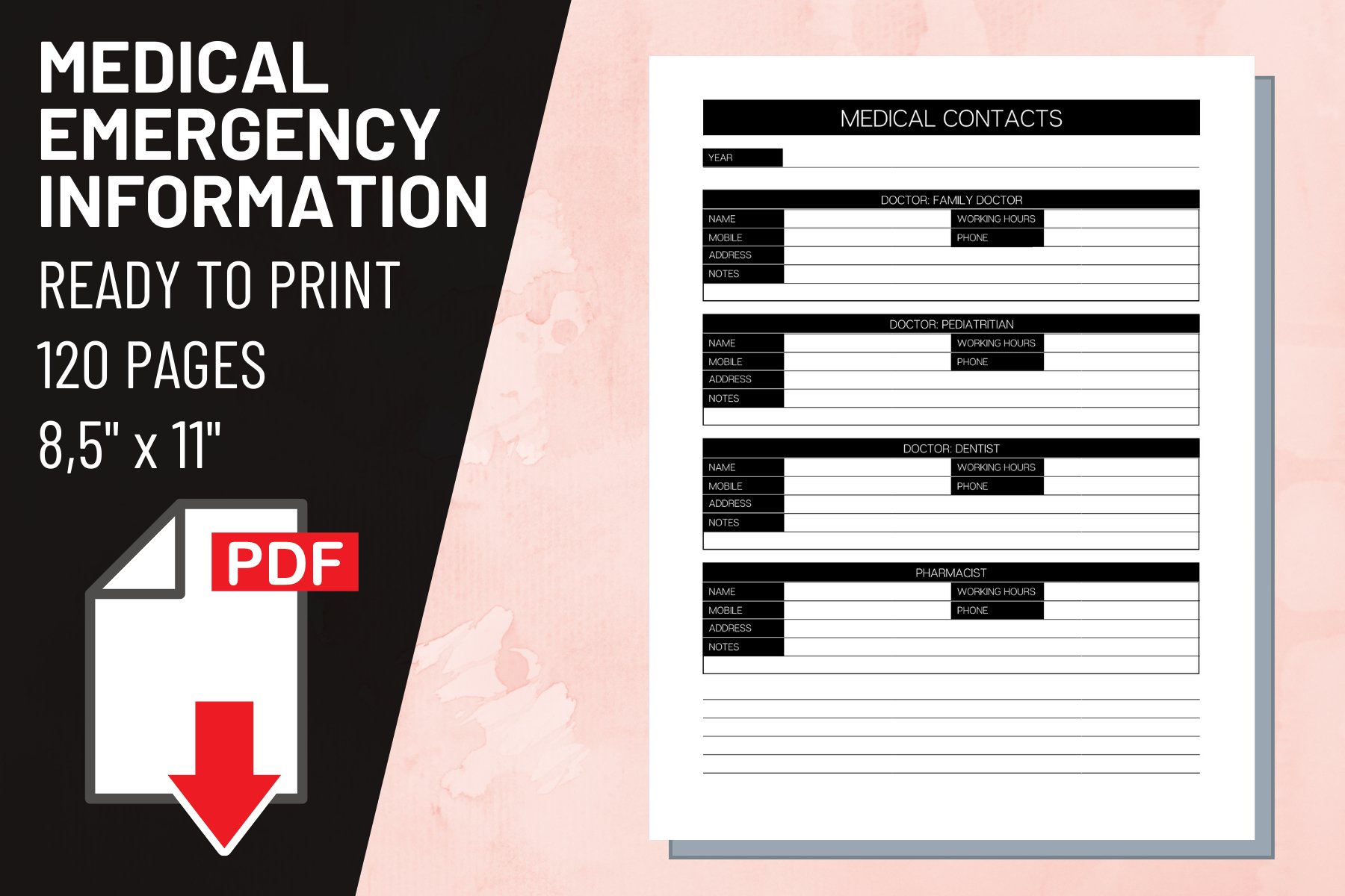 Medical Emergency Information Printable Sheet Insert (788970) | Planner ...
