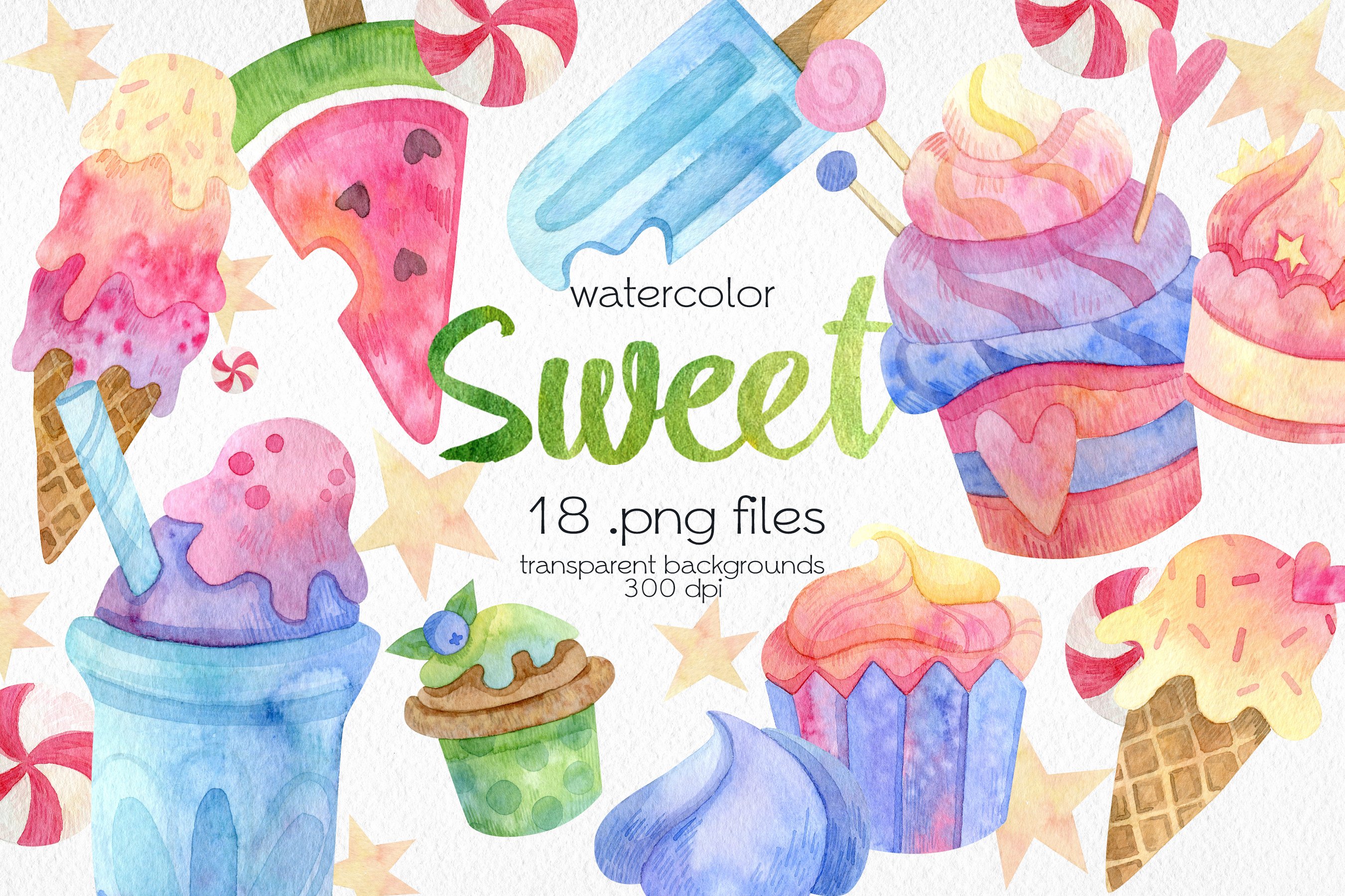 Watercolor Ice Cream and Cupcakes Clipart (1369713) | Clipart | Design ...