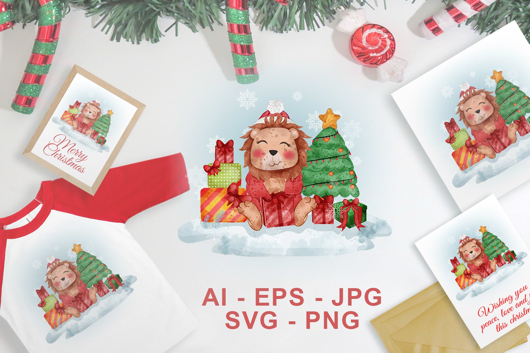 Lion cute with gift box at christmas watercolor illustration