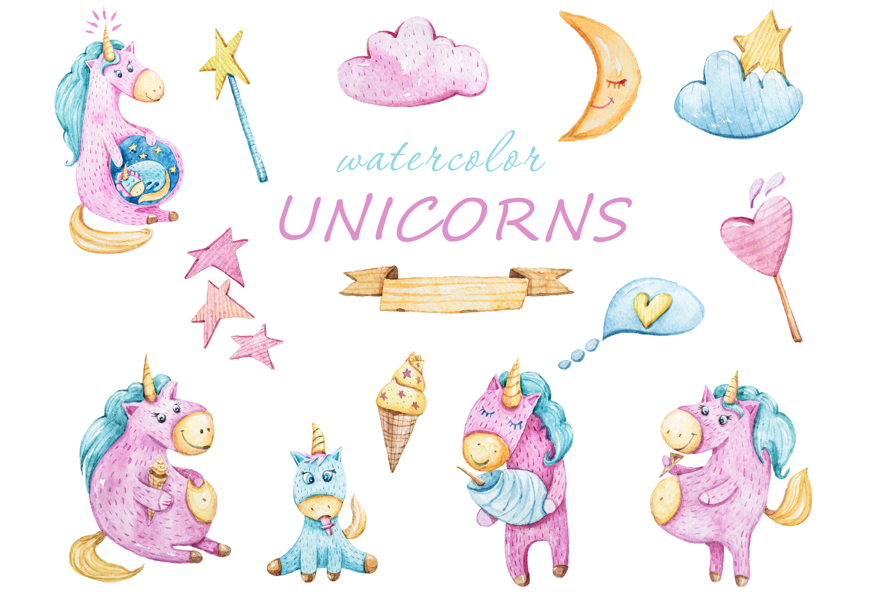 Watercolor cute unicorns clipart. Baby shower clipart (1114180 ...