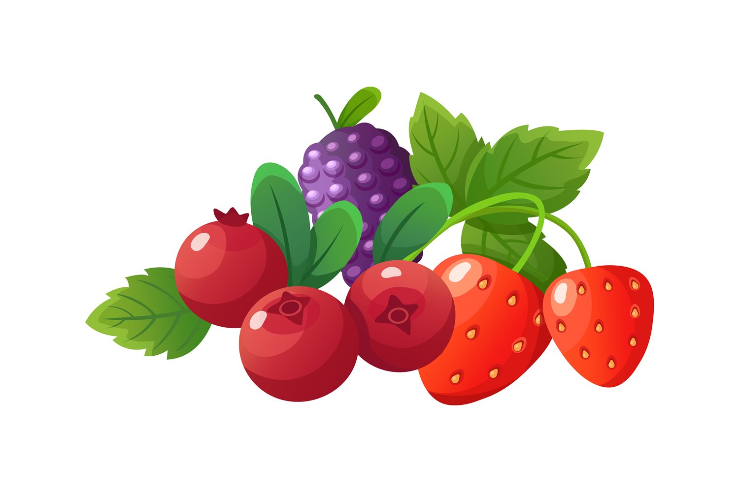 Cartoon berries. Fresh berry, isolated strawberry cranberry