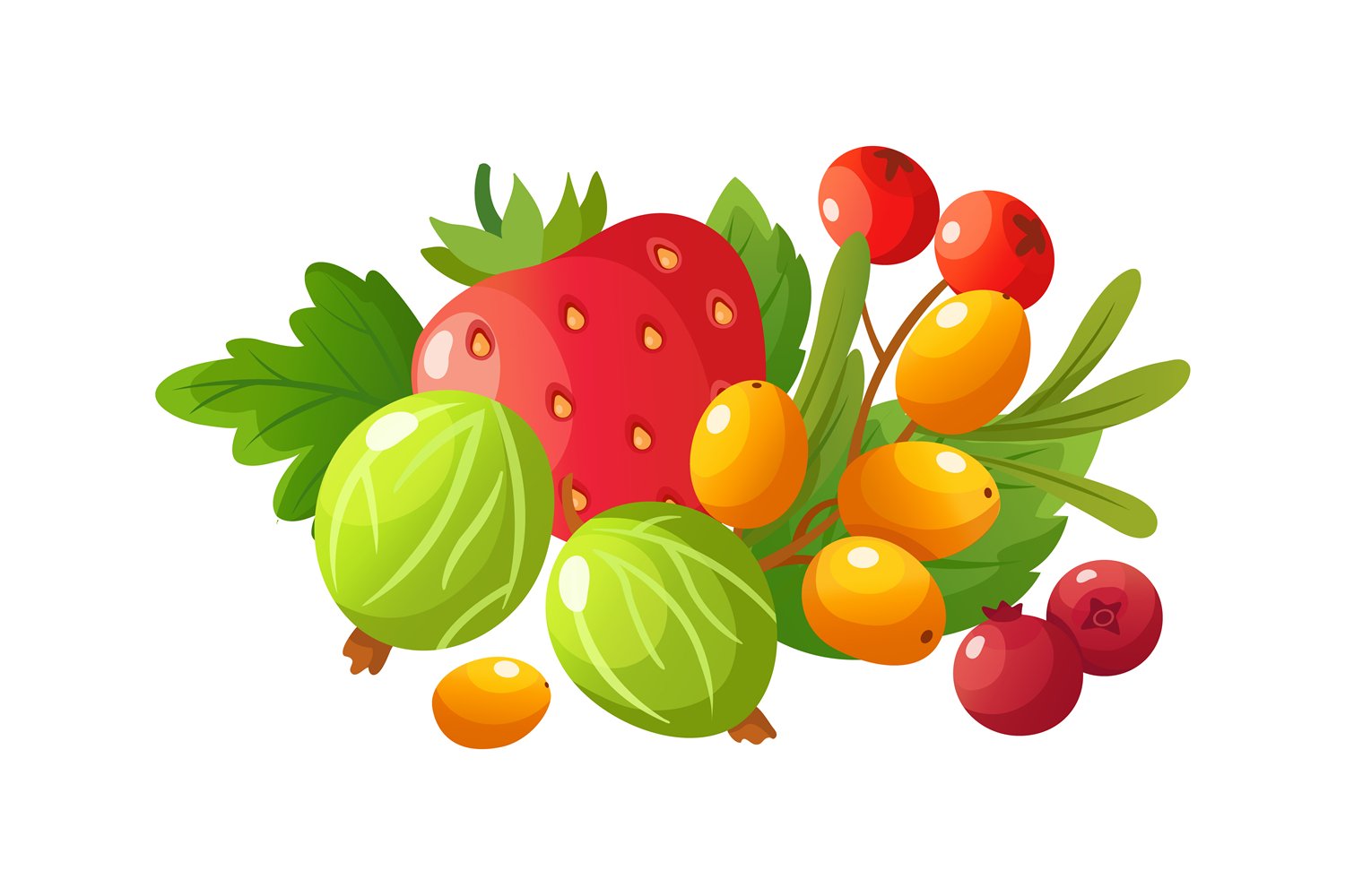 Cartoon ripe berries. Gooseberry, red strawberry and fresh c (1784070 ...