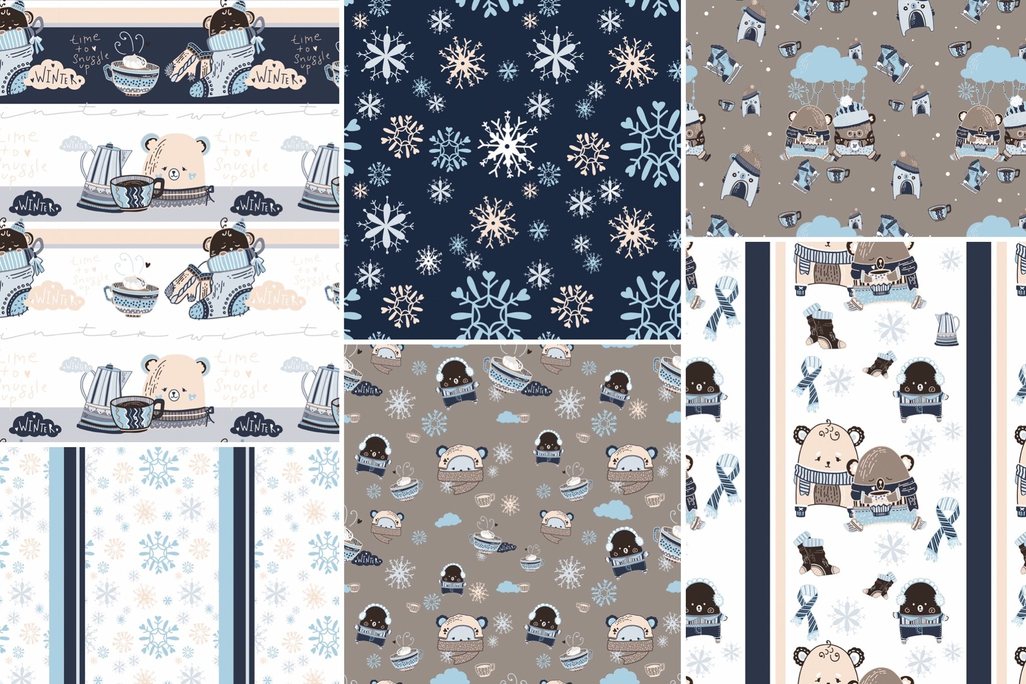 6 seamless pattern Winter Bears version B, repeat pattern (1077421 ...