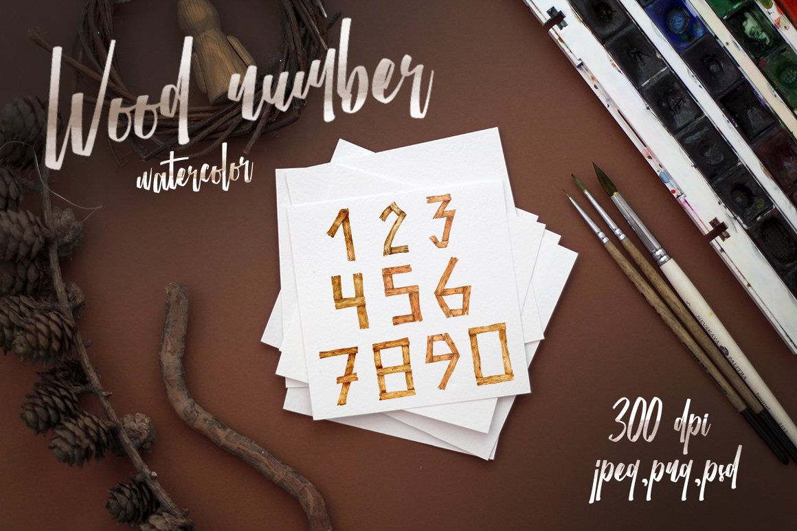 Watercolor wood numbers (40823) | Illustrations | Design Bundles