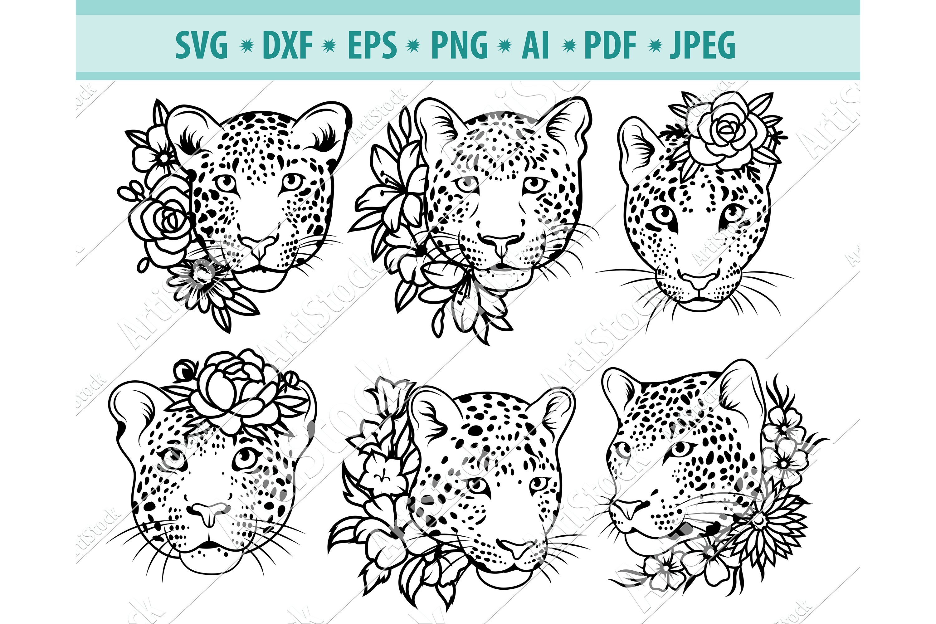 Leopard SVG file, Leopard with flower wreath Dxf, Png, Eps (626132 ...