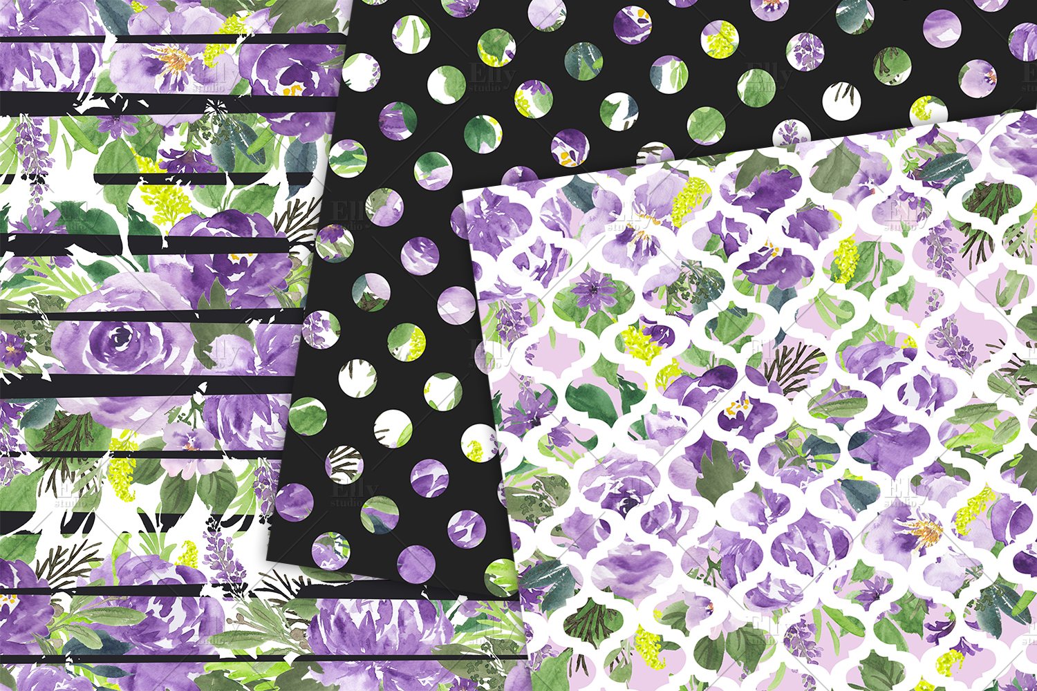 Purple Watercolor Floral Digital Paper (100643) | Patterns | Design Bundles