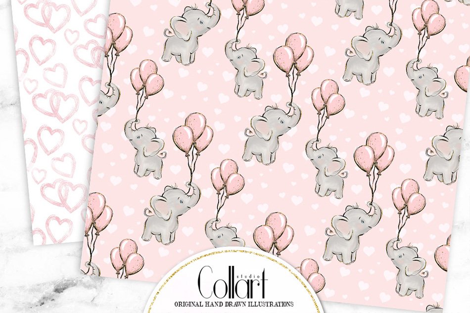 Elephant digital paper, baby girl papers, seamless patterns (231219 ...