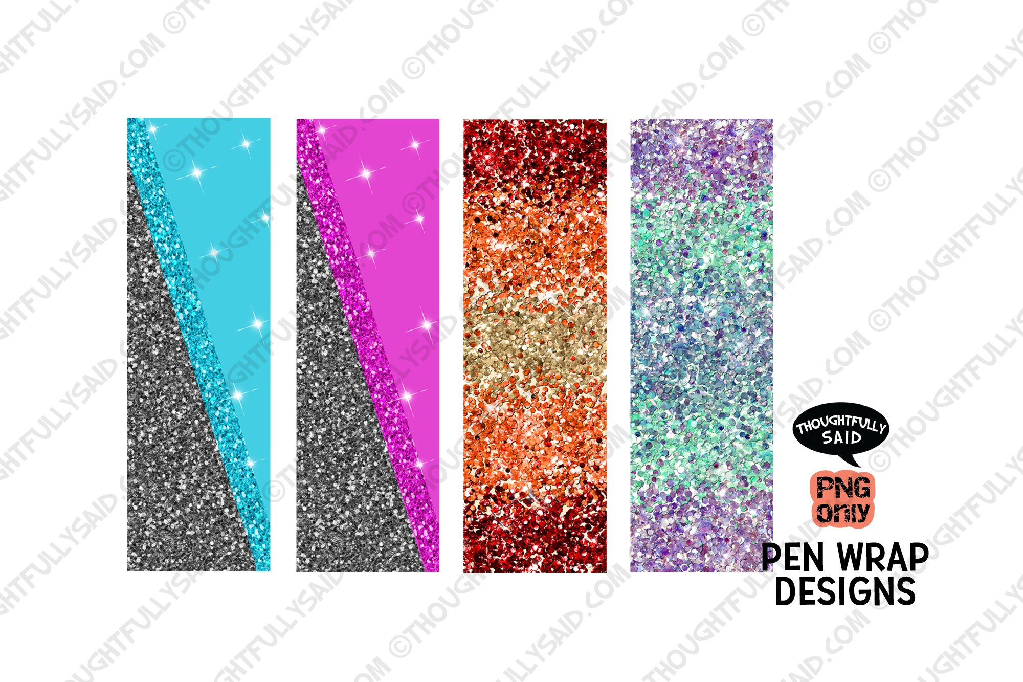 Pen Wrap Design PNG Set, Glitter Teal Pink Blue Red, Digital (1256182 ...