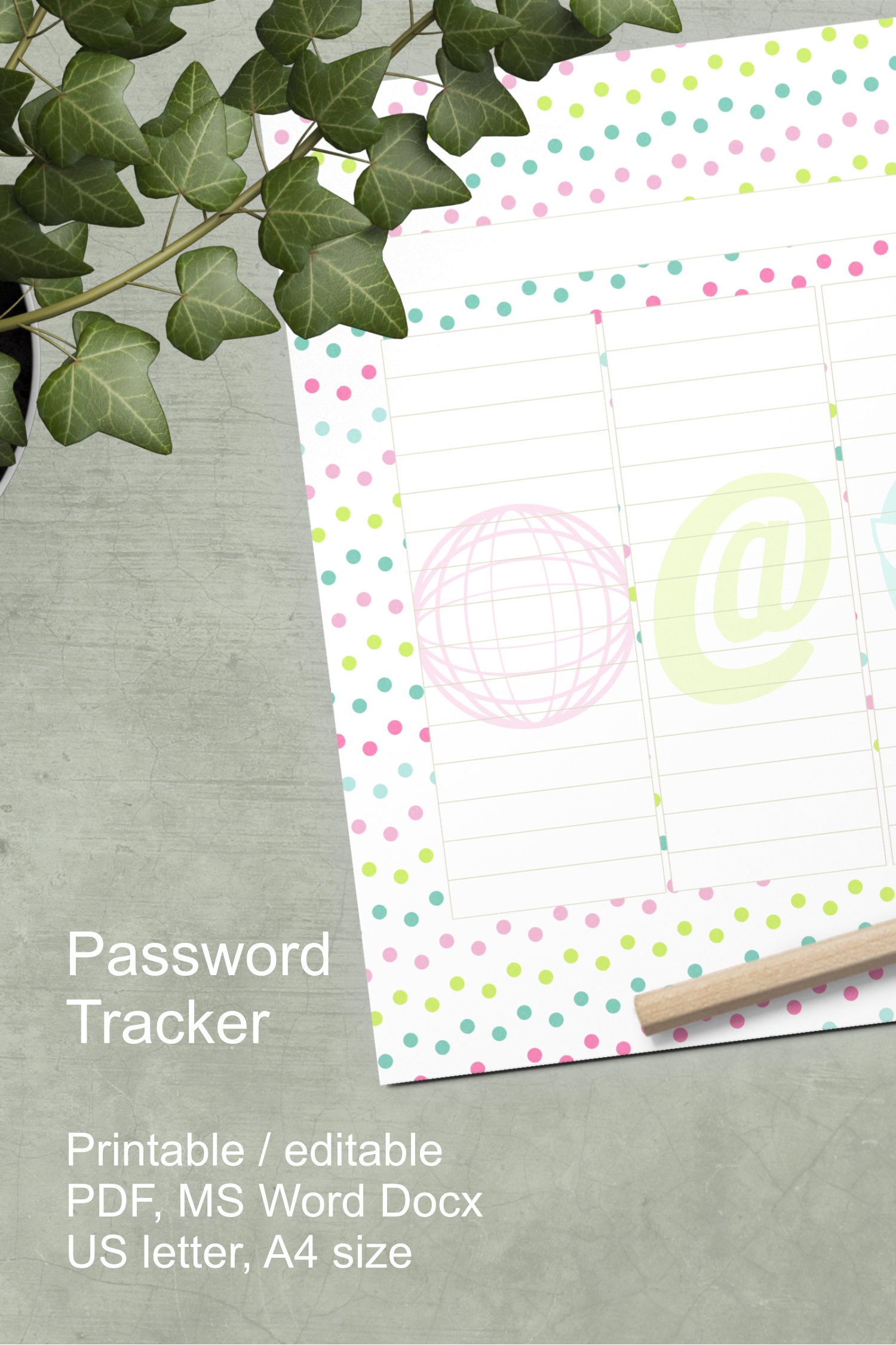 Password Tracker Colorful Dots Printable Editable PDF US A4